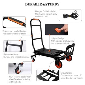 Folding Hand Truck and Dolly Cart Heavy Duty 400 lbs Capacity,2 in 1 One-Button Folding Portable Flatbed,Moving Dolly with Bungee Cord for Transport,Luggage Handling