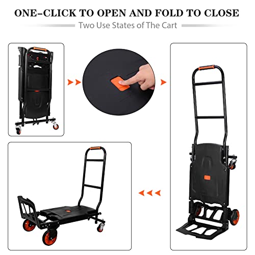 Folding Hand Truck and Dolly Cart Heavy Duty 400 lbs Capacity,2 in 1 One-Button Folding Portable Flatbed,Moving Dolly with Bungee Cord for Transport,Luggage Handling