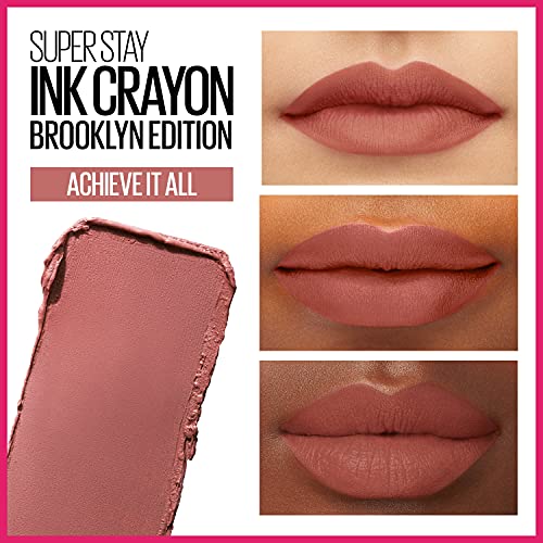 Maybelline Super Stay Ink Crayon Lipstick Makeup, Precision Tip Matte Lip Crayon with Built-in Sharpener, Longwear Up To 8Hrs, Achieve It All, Brown Nude, 1 Count