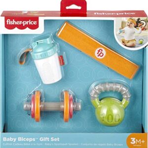 Fisher Price Teething & Rattle Toys Baby Biceps Gift Set, Gym-Themed for Infant Fine Motor & Sensory Play, 4 Pieces