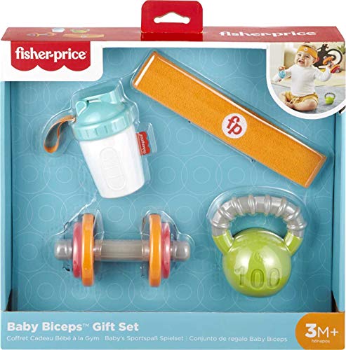 Fisher Price Teething & Rattle Toys Baby Biceps Gift Set, Gym-Themed for Infant Fine Motor & Sensory Play, 4 Pieces