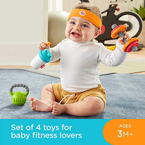 Fisher Price Teething & Rattle Toys Baby Biceps Gift Set, Gym-Themed for Infant Fine Motor & Sensory Play, 4 Pieces