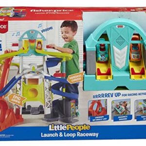 Fisher-Price Little People Toddler Playset Launch & Loop Raceway Race Track with Lights Sounds & 2 Toy Cars for Ages 18+ Months