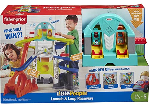 Fisher-Price Little People Toddler Playset Launch & Loop Raceway Race Track with Lights Sounds & 2 Toy Cars for Ages 18+ Months