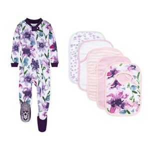 burt’s bees baby baby girls zip-up footed sleeper pj & set of bibs bundle, 100% organic cotton gifting, daylily, 18 months us