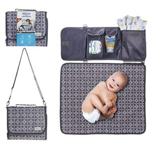 graco portable baby diaper changing table pad bag with wipe & travel essentials pockets – deluxe compact clean padded infant changer mat – unisex grey