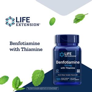 Life Extension Benfotiamine with Thiamine, 100 mg - Water & Fat Soluble Vitamin B1 Supplement For Glucose Blood Sugar Level and Nerve Health Support - Gluten-Free, Non-GMO, Vegetarian - 120 Capsules