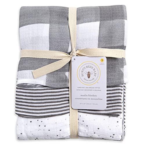 Burt's Bees Baby - Swaddles, Muslin Cotton Baby Blankets, 3-Pack, Multipurpose Lightweight & Breathable 100% Organic Cotton