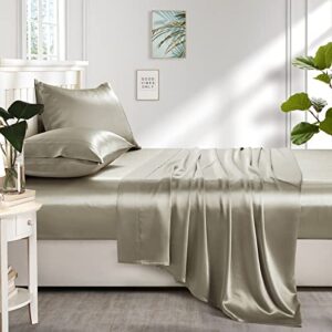 Lanest Housing Silk Satin Sheets, 4-Piece Queen Size Satin Bed Sheet Set with Deep Pockets, Cooling Soft and Hypoallergenic Satin Sheets Queen - Taupe