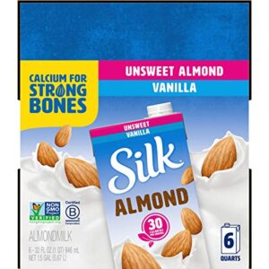 Silk Shelf-Stable Almond Milk, Unsweetened Vanilla, Dairy-Free, Vegan, Non-GMO Project Verified, 1 Quart (Pack of 6)