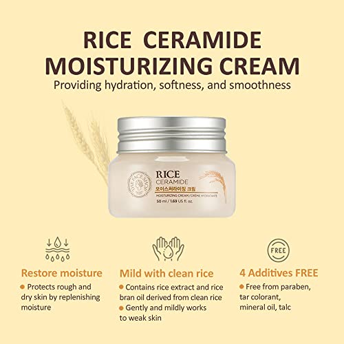 The Face Shop Rice Ceramide Moisturizing Cream | Rich Moisturizer for Long-lasting Smooth Absorbtion without Stickiness | Natural Moisturizer For Whitening & Skin Glowing, 1.69 fl oz, K-Beauty