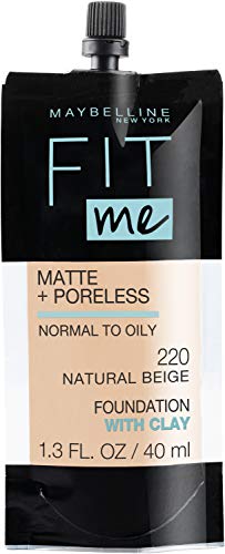 Maybelline New York Fit Me Matte + Poreless Liquid Foundation, Pouch Format, 220 Natural Beige, 1.3 Ounce