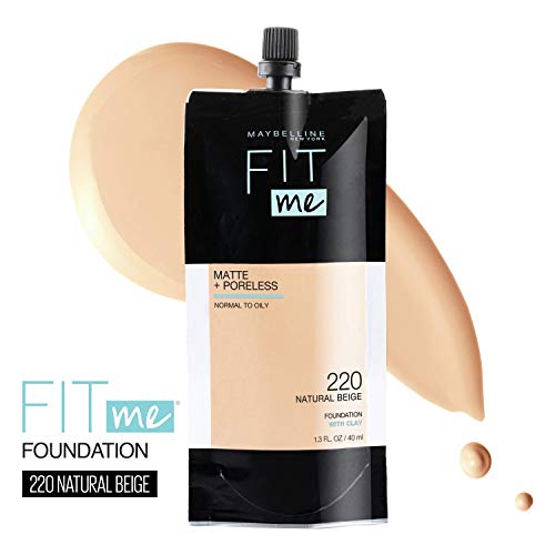 Maybelline New York Fit Me Matte + Poreless Liquid Foundation, Pouch Format, 220 Natural Beige, 1.3 Ounce