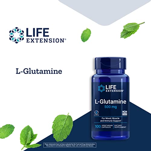 Life Extension L-Glutamine 500mg - For Muscle, Energy, Gut & Immune Health Support - Amino Acid Supplement – Gluten-Free, Vegetarian, Non-GMO – 100 Capsules