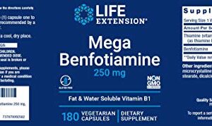 Life Extension Mega Benfotiamine, 250 mg, 180 Veg caps with Thiamine - Vitamin B1 Supplement