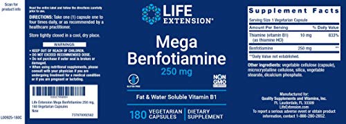 Life Extension Mega Benfotiamine, 250 mg, 180 Veg caps with Thiamine - Vitamin B1 Supplement