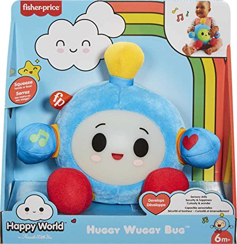 Fisher-Price Happy World Huggy Wuggy Bug, take-Along Soft Plush Toy with Lights, Music and Sounds for Infants and Toddlers Ages 6 Months and up