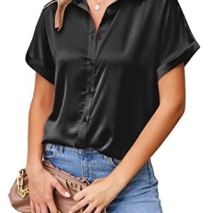 Chigant Silk Blouse Short Sleeve Button Down Shirts Satin V-Neck Tunic Top Black