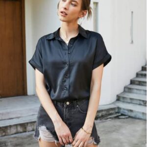 Chigant Silk Blouse Short Sleeve Button Down Shirts Satin V-Neck Tunic Top Black