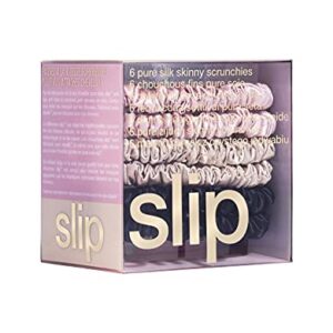 Slip Silk Skinnie Scrunchies in Black, Pink, and Caramel - 100% Pure 22 Momme Mulberry Silk Scrunchies for Women - Hair-Friendly + Luxurious Elastic Scrunchies Set (6 Scrunchies)