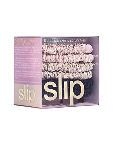 Slip Silk Skinnie Scrunchies in Black, Pink, and Caramel - 100% Pure 22 Momme Mulberry Silk Scrunchies for Women - Hair-Friendly + Luxurious Elastic Scrunchies Set (6 Scrunchies)