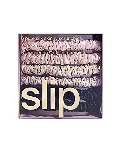 Slip Silk Skinnie Scrunchies in Black, Pink, and Caramel - 100% Pure 22 Momme Mulberry Silk Scrunchies for Women - Hair-Friendly + Luxurious Elastic Scrunchies Set (6 Scrunchies)