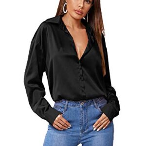 SOLY HUX Women's Satin Silk Long Sleeve Button Down Shirt Office Work Blouse Top Black S