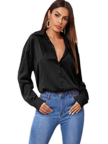 SOLY HUX Women's Satin Silk Long Sleeve Button Down Shirt Office Work Blouse Top Black S