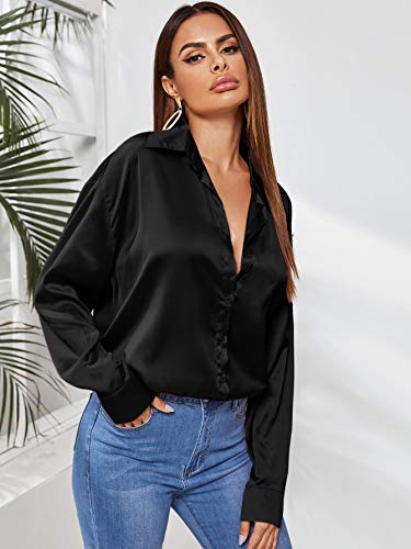 SOLY HUX Women's Satin Silk Long Sleeve Button Down Shirt Office Work Blouse Top Black S