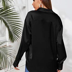 SOLY HUX Women's Satin Silk Long Sleeve Button Down Shirt Office Work Blouse Top Black S