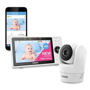 vtech upgraded smart wifi baby monitor vm901, 5-inch 720p display, 1080p camera, hd nightvision, fully remote pan tilt zoom, 2-way talk, free smart phone app, works with ios, android