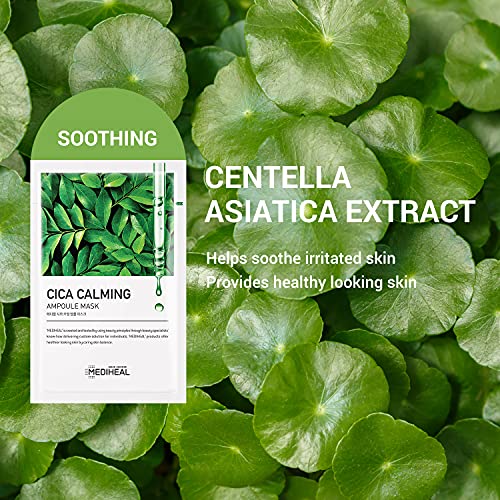 Mediheal Cica Calming Ampoule Mask 10Pack - Soothing Facial Mask Sheet with Centella Asiatica Extract, Soothe Irritated Skin and Smoothen Texture, Ultra Adhesion Tencel Sheet