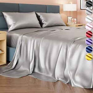 satin sheets queen size (4 pieces, 8 colors), silky satin sheet set -satin bed set with 2 pillowcase, satin fitted sheet – grey satin sheets, satin bed sheets queen set, satin bedding set