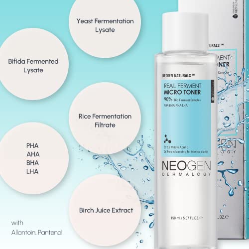 Neogen DERMALOGY Real Ferment Micro Collection - with Naturally Fermented Ingredients (Rice) & Hyaluronic Acid for Hydrated, Brightened and Healthy Skin (Micro Toner 5.07 Fl Oz (150 ml))