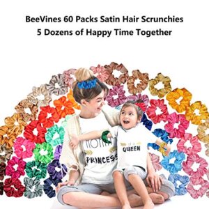 60 Pack Hair Scrunchies, BeeVines Satin Silk Scrunchies for Hair, Silky Curly Hair Accessories for Women, Hair Ties Ropes for Teens, Scrunchies Pack Girl’s Birthday Gift Thanksgiving Christmas Gift