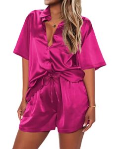 ekouaer short pajama set womens slipping lounge set silk nightwear pjs satin short sleeve shirts & shorts (rose,l)