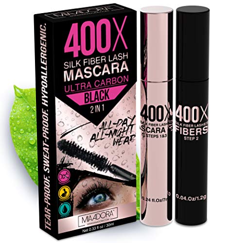 400X Pure Silk Fiber Lash Mascara [Ultra Black Volume and Length], Longer & Thicker Eyelashes, Waterproof, Long Lasting, Instant & Very Easy to Apply, Smudge-proof, Hypoallergenic, Cruelty & Paraben Free (Mia Adora)