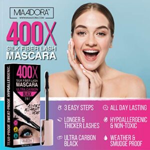 400X Pure Silk Fiber Lash Mascara [Ultra Black Volume and Length], Longer & Thicker Eyelashes, Waterproof, Long Lasting, Instant & Very Easy to Apply, Smudge-proof, Hypoallergenic, Cruelty & Paraben Free (Mia Adora)