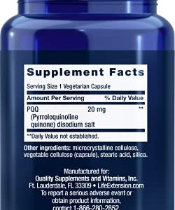 Life Extension PQQ (Pyrroloquinoline Quinone) 20mg Promotes The Growth of New Cellular Mitochondria - Gluten-Free, Once-Daily, Non-GMO, Vegetarian - 30 Vegetarian Capsules