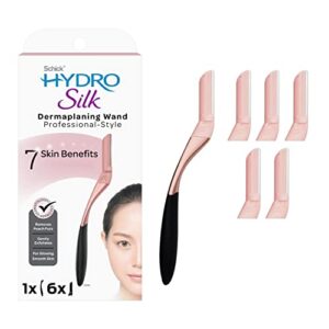 schick hydro silk dermaplaning wand, dermaplaning tool for face with 6 refill blades | dermaplane razor, peach fuzz remover, eyebrow razor, face razor, facial razor, professional style skincare tool