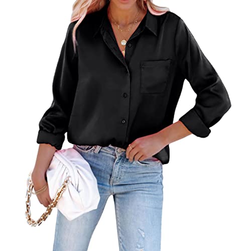 Pausus Women's Silk Button Down Shirts for Women Long Sleeve Business Office Black Satin Blouses Tops with Pocket（Black,S）