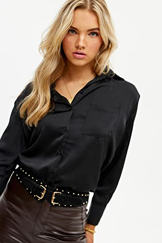 Pausus Women's Silk Button Down Shirts for Women Long Sleeve Business Office Black Satin Blouses Tops with Pocket（Black,S）