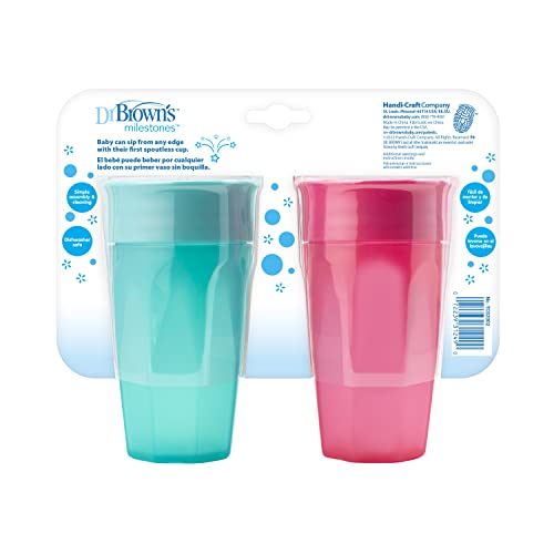 Dr. Brown's Plastic Cheers 360 Spoutless Training Cup, 9m+, 10 Ounce, Pink/Turquoise, 2 Count