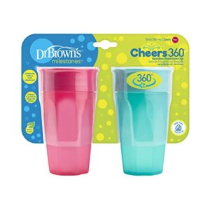 Dr. Brown's Plastic Cheers 360 Spoutless Training Cup, 9m+, 10 Ounce, Pink/Turquoise, 2 Count