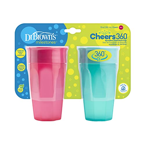 Dr. Brown's Plastic Cheers 360 Spoutless Training Cup, 9m+, 10 Ounce, Pink/Turquoise, 2 Count