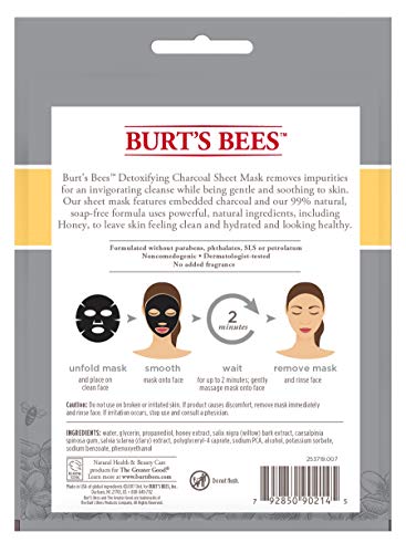 Burt's Bees Detoxifying Charcoal Facial Sheet Mask, Honey, Single Use (Package May Vary)