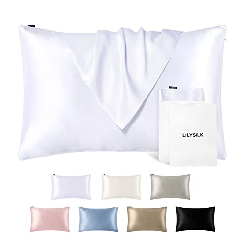 LILYSILK Silk Pillowcase for Hair and Skin Standard-100% Mulberry Silk 19 Momme Both Sides Silk Bed Pillow Cover with Hidden Zipper, 1 Pc (Standard Size 20''x26'', White)