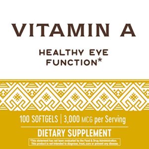 Nature's Way Vitamin A, Eye Health Supplement for Adults*, Immune Support*, 3,000mcg Per Serving, 100 Softgels