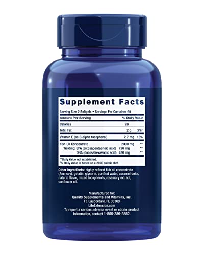 Life Extension Mega EPA/DHA – High Concentrated 2000mg Omega 3 Fatty Acid Fish Oil Blend Supplements - for Heart, Brain & Joint Health Support – Gluten-Free, Non-GMO – 120 Softgels