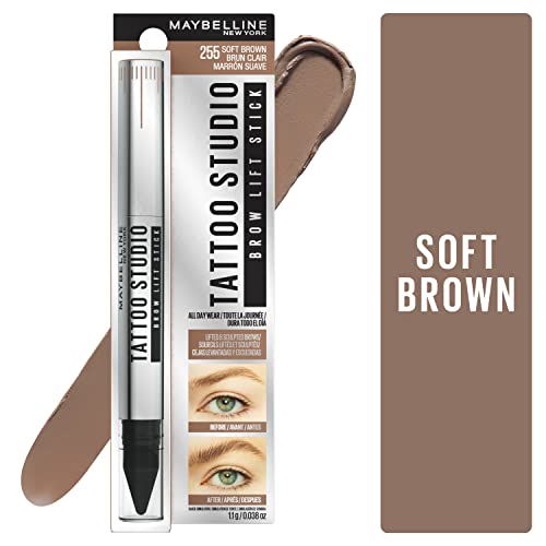 Maybelline TattooStudio Brow Lift Stick Makeup with Tinted Wax Conditioning Complex, Soft Brown, 1 Count